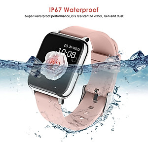 EBAKIN Smart Watch Fitness Tracker 1.4 inch Full-Touch Screen IP67 Waterproof Blood Pressure Heart Rate Blood Oxygen Multi-Sport Fashion Smartwatch(Pink)