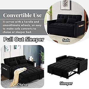 SumKea Convertible Sofa Bed, Pull Out Couch Loveseat 3-in-1 Multi-Functional Velvet Pull-Out Bed, 55'' Loveseat Chaise Lounge with Adjustable Backrest and Pillows, Black