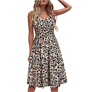 wodcke Women's 2021 Boho Plus Size Dress With Tight Belt Retro Print Sleeveless Sling Beach Dress Loose Maternity Dress (Brown, XL)