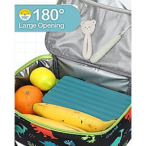 Bagseri Lunch Box, Kids Insulated Lunch Box for Boys, Portable Reusable Toddler Lunch Cooler Bag Thermal Organizer, Water-resistant Lining (Black, Dinosaur)