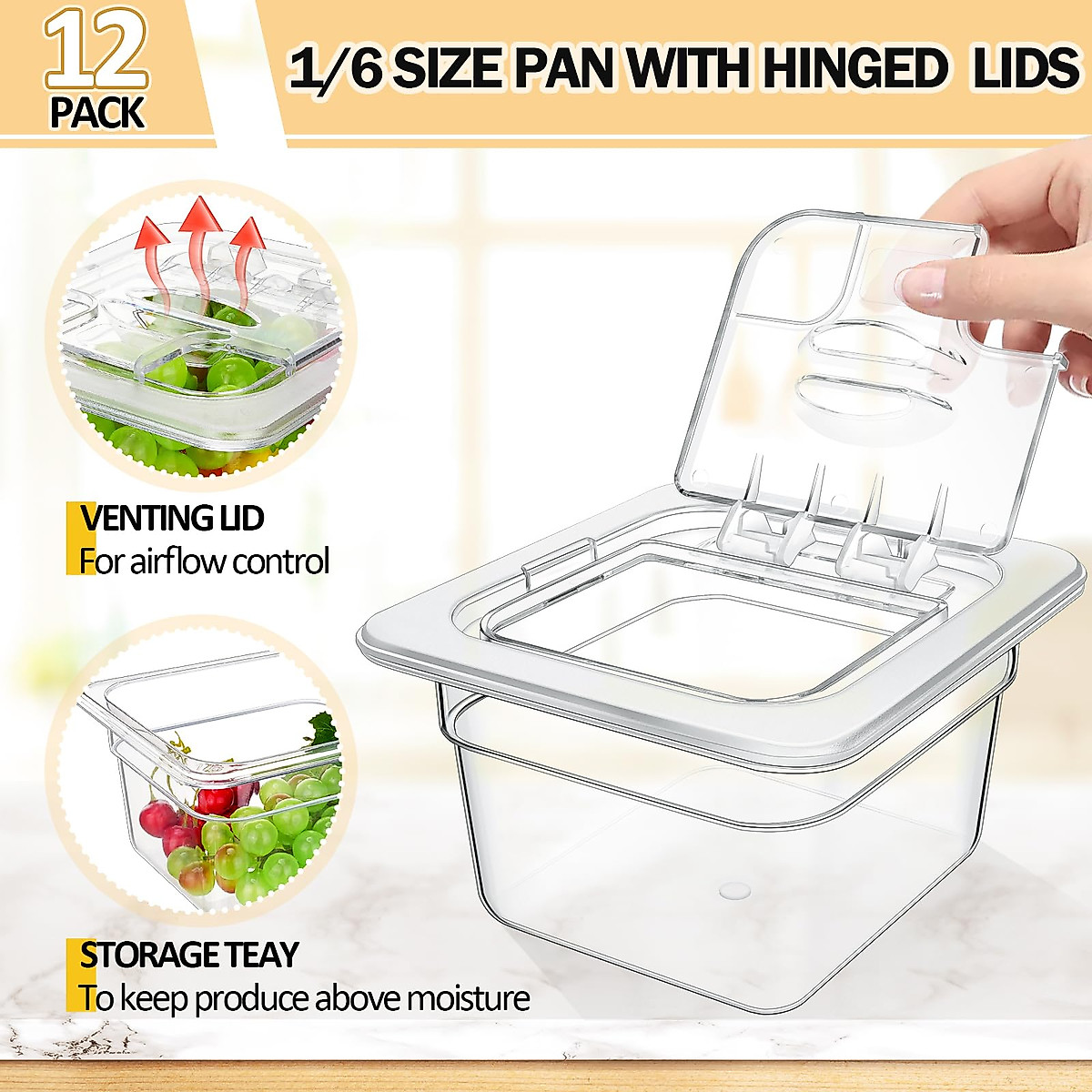 Geetery 12 Pack 1/6 Size 4'' Deep Polycarbonate Food Pan with Lid Clear Stackable Plastic Pan Restaurant Food Storage Containers with Hinged Lids for Hotel Supplies