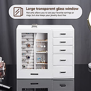 Homde Large Jewelry Box/Organizer/Case with Glass Window, Drawers for Necklaces Earrings Rings Bracelets Watches Gift for Women Girls (White+Grey)