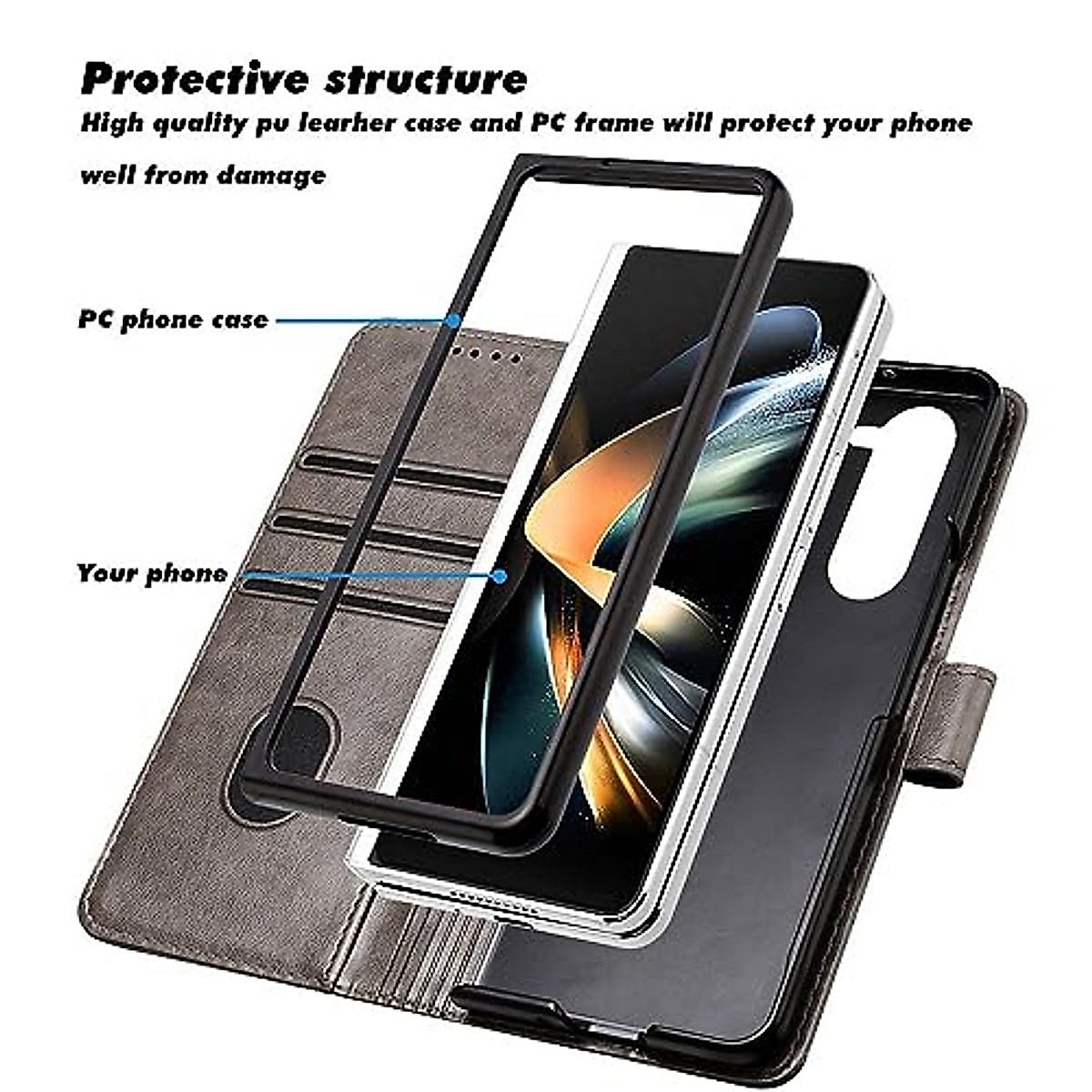 SATURCASE Case for Samsung Galaxy Z Fold 5, Sunflower Embossing PU Leather Flip Magnet Wallet Card Slots Protective Cover for Samsung Galaxy Z Fold 5 (HE-Gray)