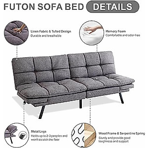 MUUEGM Futon Sofa Bed Couch,Memory Foam Convertible Sofa Sleeper Couch,Modern Futon Couch Daybed Love Seat for Living Room Small Space Apartment Office,Adjustable Armrest Backrest,Linen Fabric,Grey