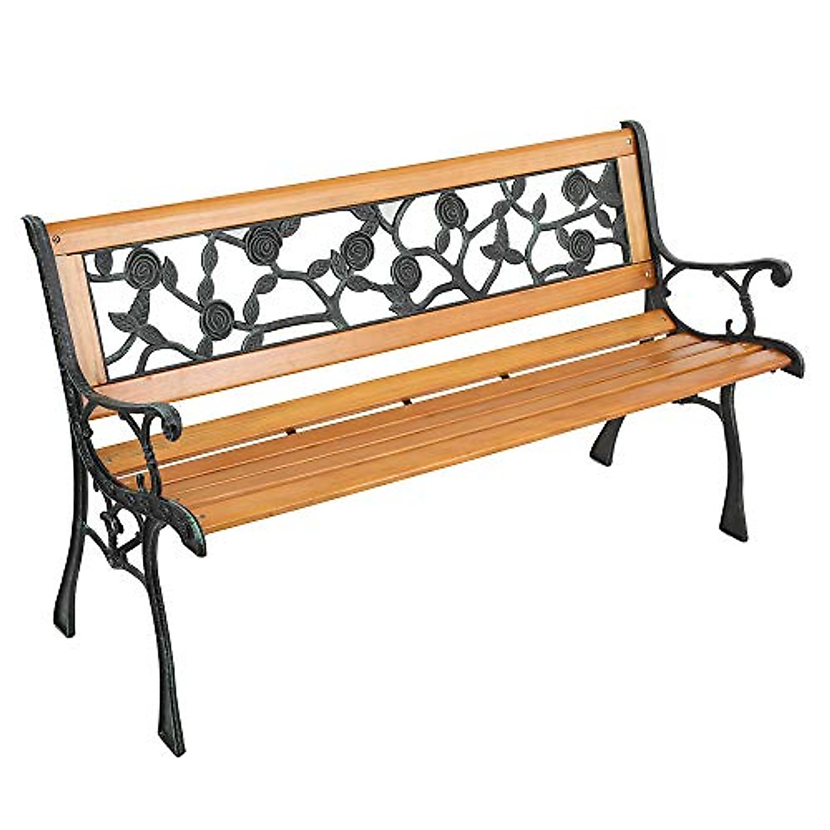 Keseno 49-inch Durable Garden Bench Terrace Porch Chair Deck Hardwood cast Iron Double Chair Rose Back for Patio, Porch, Deck or Garden