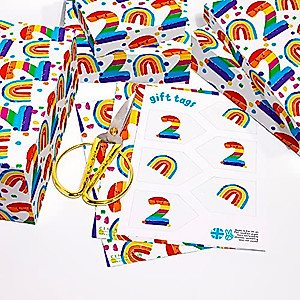 CENTRAL 23 Rainbow Wrapping Paper - 6 Sheets of White Gift Wrap - 2nd Birthday Gifts for Boys and Girls - Age 2 Two - Comes with Fun Stickers