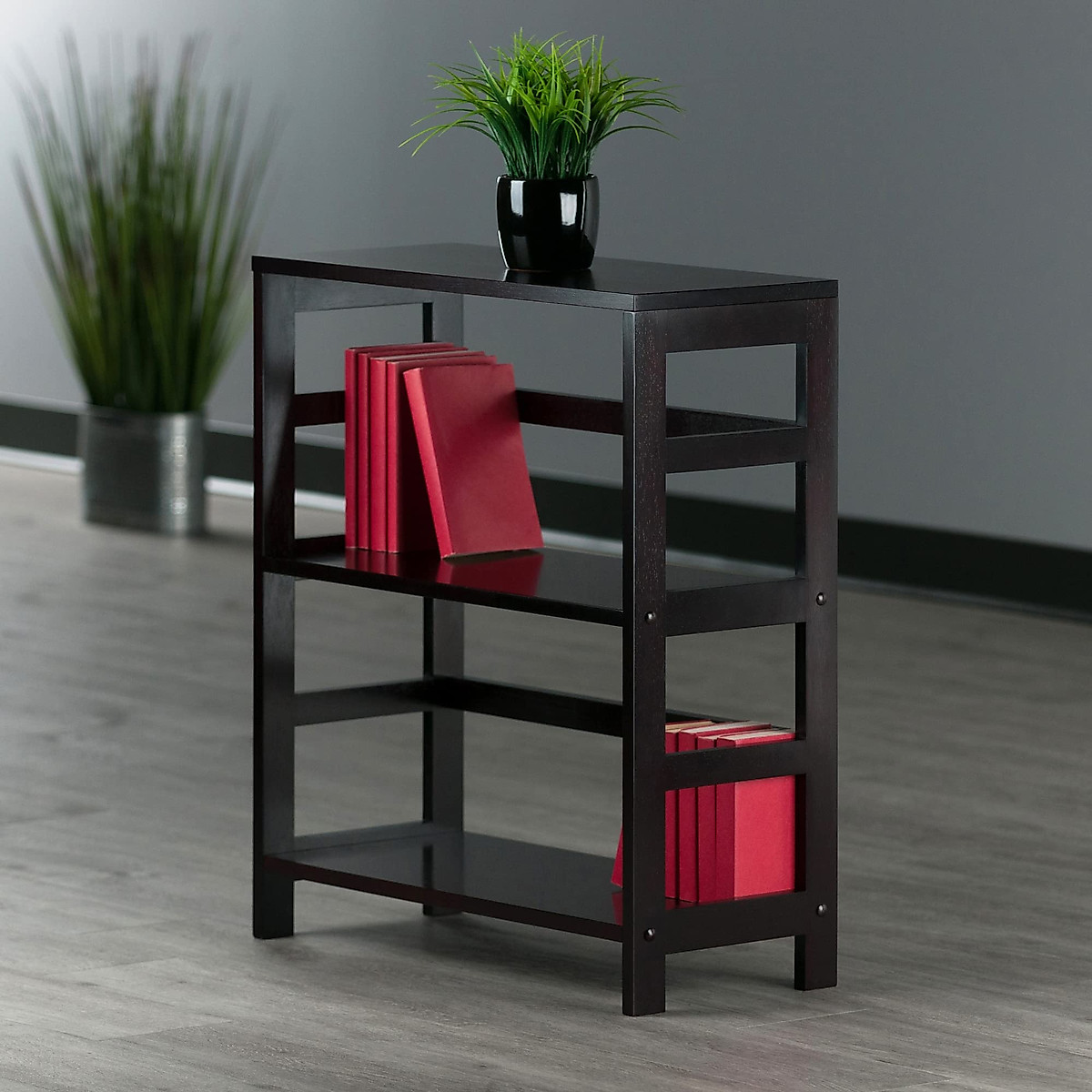 Winsome Wood Leo Wood 3 Tier Shelf with 3 Rattan Baskets - 1 large; 2 small in Espresso Finish