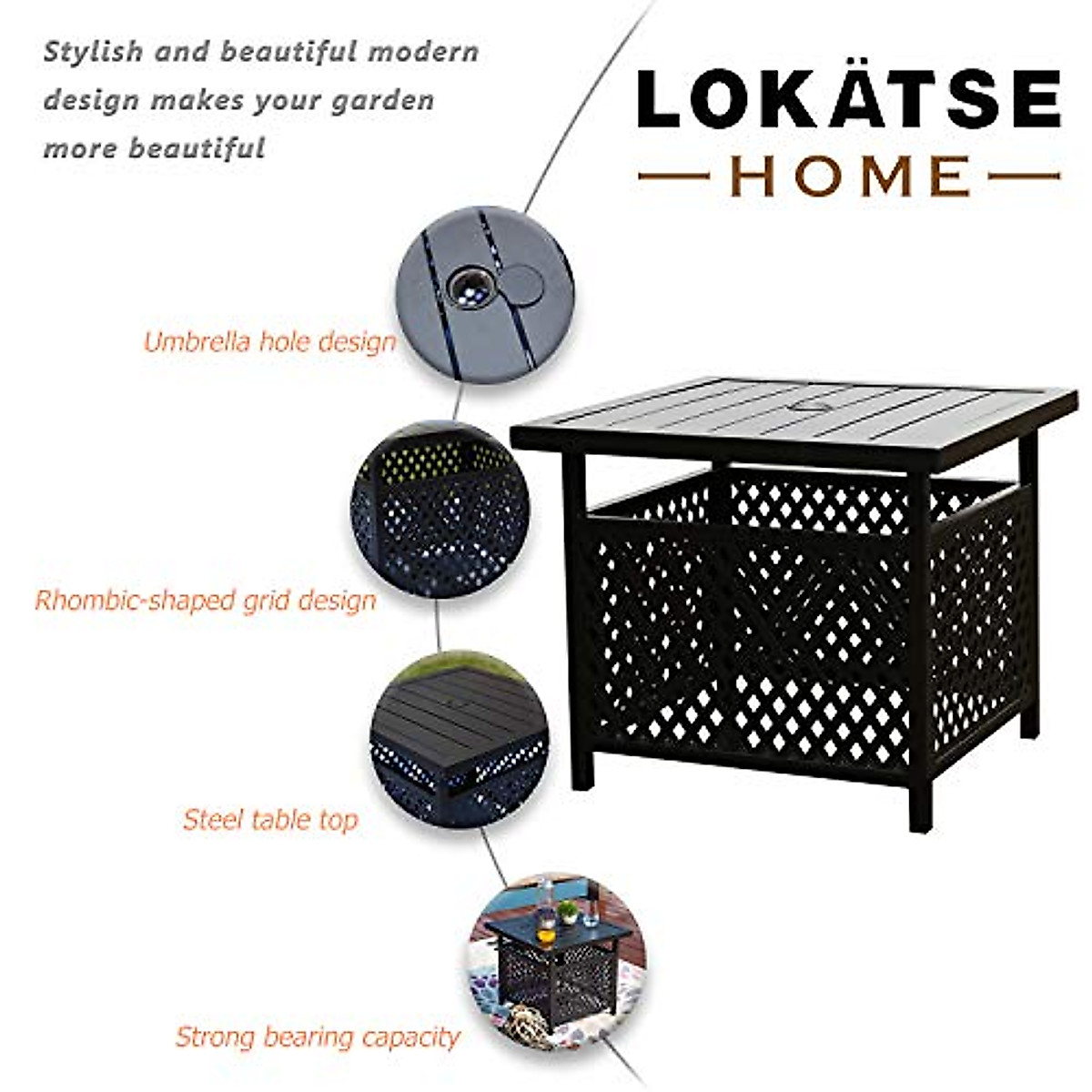 LOKATSE HOME Patio Umbrella Side Table Stand Steel with 1.57" Hole Outdoor Coffee Bistro Deck Garden Pool, Black
