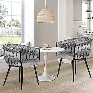 Adeco Velvet Dining Set of 2, Modern Accent Arm Living Room Black Metal Legs, Upholstered Leisure Chair with Hand Woven Backrest for Kitchen Side Table, Grey