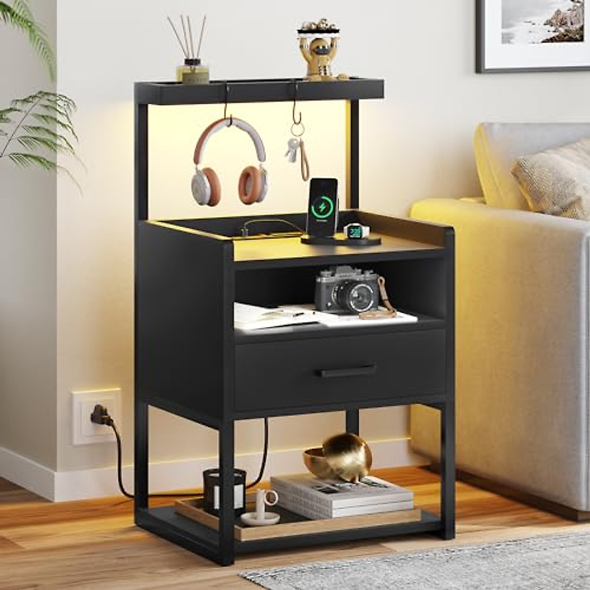 VIAGDO Nightstand with Charging Station and LED Lights, Black Night Stand with Drawer, Modern End Side Table with Open Storage Shelves, Bedside Tables for Bedroom, Office