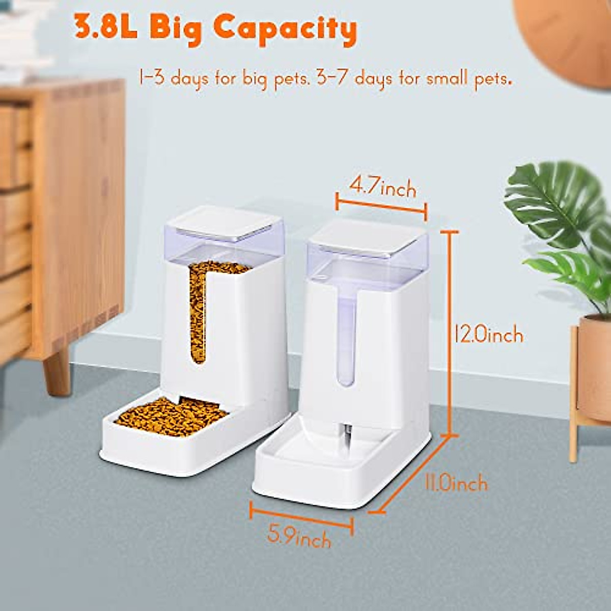 Automatic Cat Feeder and Water Dispenser in Set 2 Packs 1 Gallon for Small Medium Big Dog Pets Puppy Kitten (White)