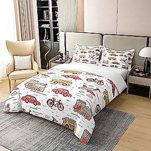 jejeloiu Cartoon Car Bedding Cotton Duvet Cover Set Kids Train Airplane Print Duvet Cover 100% Cotton King Size Boys Girls Decor Bus Bicycle Rider Comforter Cover Set Aircraft Red Bedspread Cover