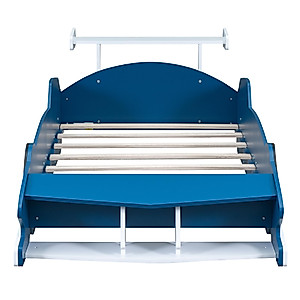 Bellemave Twin Size Race Car Bed for Kids,Wood Car-Shaped Platform Bed with Storage Shelves,Car Bed Twin with Wheels for Boys,Girls,(Twin,Blue)