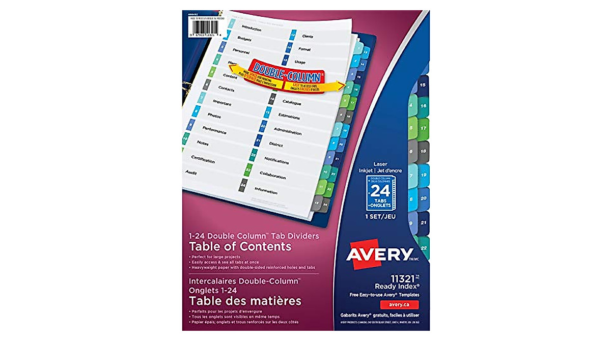 Avery 24 Tab Double Column Binder Dividers - Customizable TOC