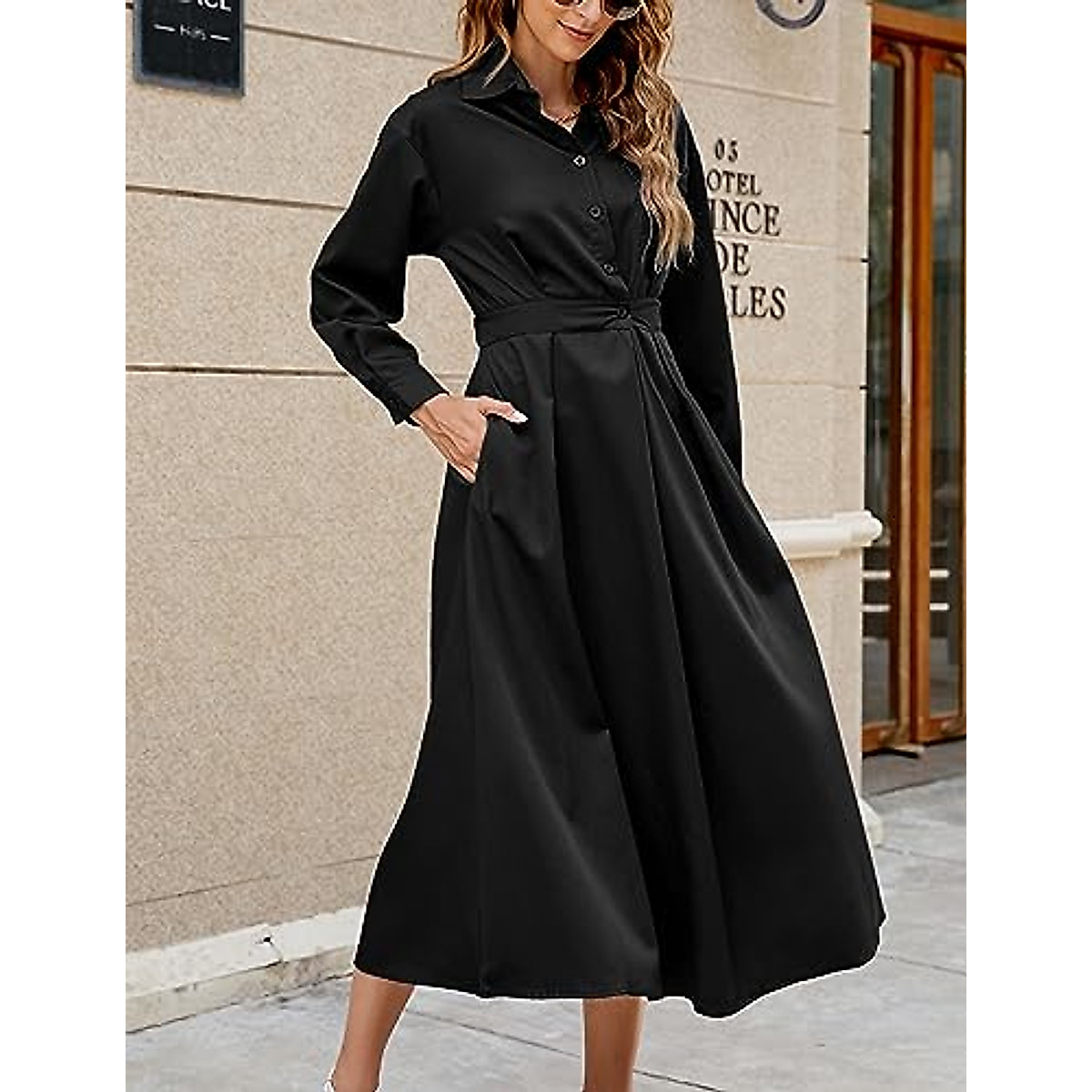 Ladyful Elegant Cotton Shirt Dress for Women A-line Long Sleeve Maxi Dress Black