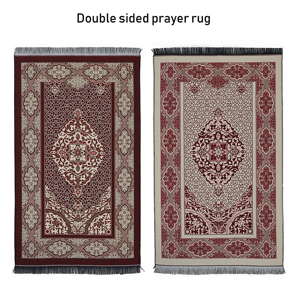 SAQENZA Muslim Prayer Rug Double Sided - Prayer Mat 3 Pieces Set - Gift Kufi Hat - Gift Prayer Beads (99) - Muslim Gifts for Men, Women and Kids