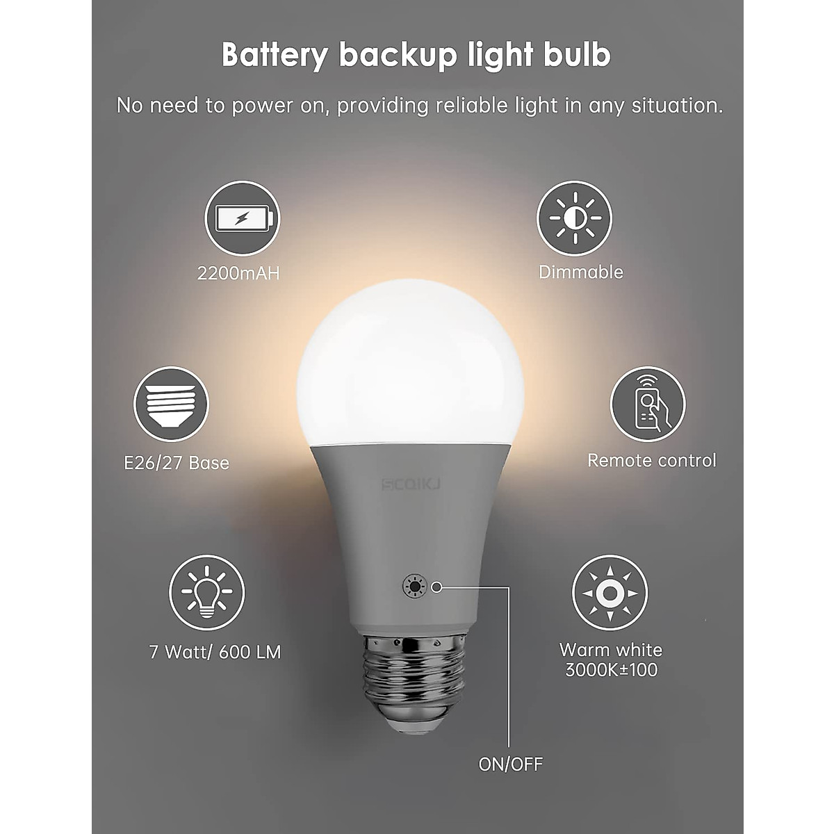 Rechargeable Light Bulbs LED Battery Backup Light Bulb with Remote Control Battery Operated Emergency Bulb Lamps for Home Power Outage and Camping Outdoor Activity Dimmable 7W 600LM Soft White