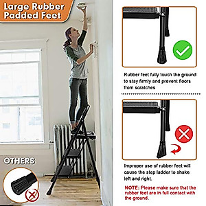HBTower 3 Step Ladder, Folding Step Stool with Wide Anti-Slip Pedal, 500lbs Sturdy Steel Ladder, Convenient Handgrip, Lightweight, Portable Steel Step Stool, Black