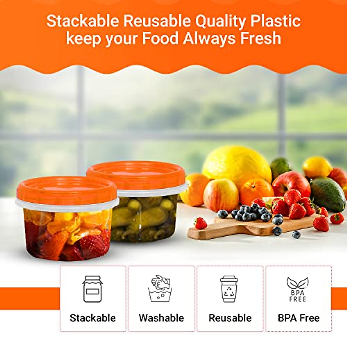 [Orange - 12 Pk] Airtight Deli Containers with Lids Twist Lock Top Clear Food Storage for Meal Prep Snacks and Leftovers Freezer and Microwave Safe Stackable Leak-Resistant and 12 Pc. Set (16 Ounce)