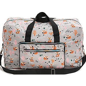 Foldable Large Travel Duffle Bag Waterproof Cute Overnight Carryon Weekender Bag for Women Girl (Grey Fox)