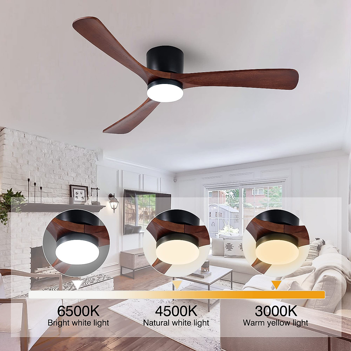 HUMHOLD 52" Wood Ceiling Fan with Lights Remote, Reversible DC Motor 6-Speed Ceiling Fan, 3 Blades Low Profile Flush Mount Ceiling Fans, Modern Ceilingfans for Low Profile, Walnut and Matte Black