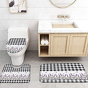 YESOF66 4PCS Bathroom Mat Sets,Purple Lavender with Black White Buffalo Plaid Bathroom Decor Shower Curtain Bath Mat Non-Slip Toilet Seat Cover Bathroom Mat 72x72in&Large Rugs