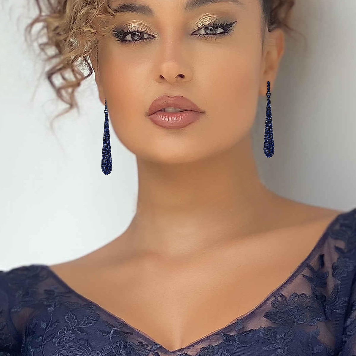 BriLove Wedding Bridal Elegant Crystal Beaded Teardrop Long Dangle Earrings for Women Navy Blue Black-Tone