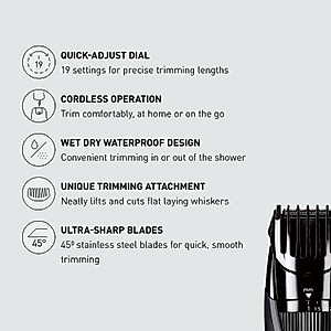 Panasonic Cordless Men's Beard Trimmer With Precision Dial, Adjustable 19 Length Setting, Rechargeable Battery, Washable - ER-GB42-K (Black)