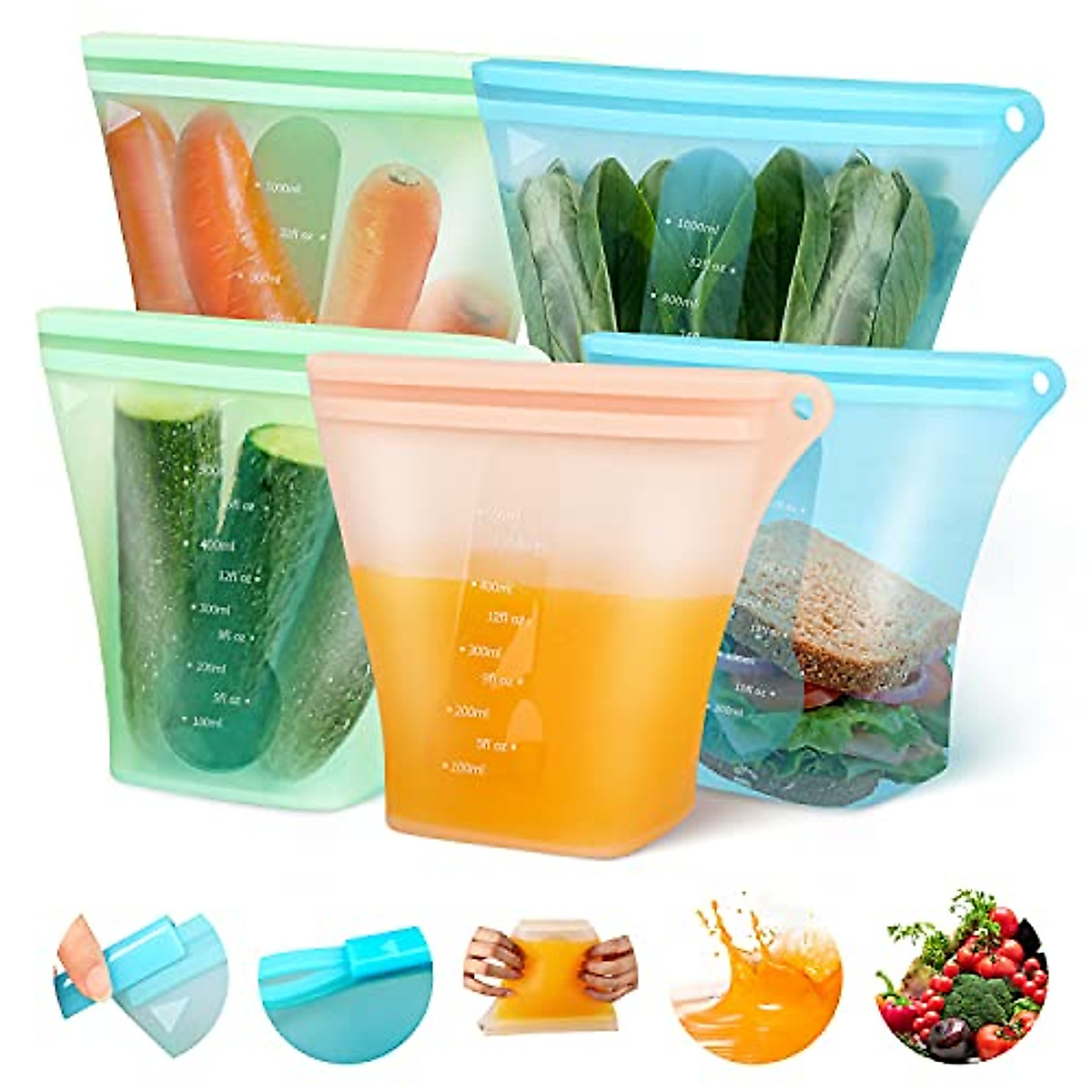 Reusable Silicone Food Storage Bags,Stand Up Leakproof Zip Containers,Reusable Sandwich Bags,Non-Toxic,BPA Free, Dishwasher Safe,Freezer-Safe,Easy to Clean（Set of 5）
