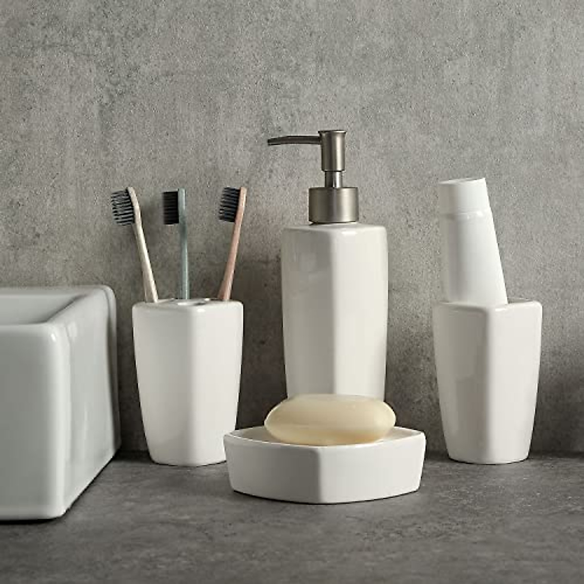 MyGift 4 Piece Ceramic White Bathroom Accessory Set with Soap Dispenser Pump, Toothbrush Holder, Tumbler and Soap Dish
