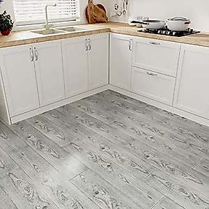 STICKEEP 6 x 36 in Wood Grain Peel and Stick Waterproof Vinyl Floor Tiles, 4 PCS, Light Grey, Residential Grade