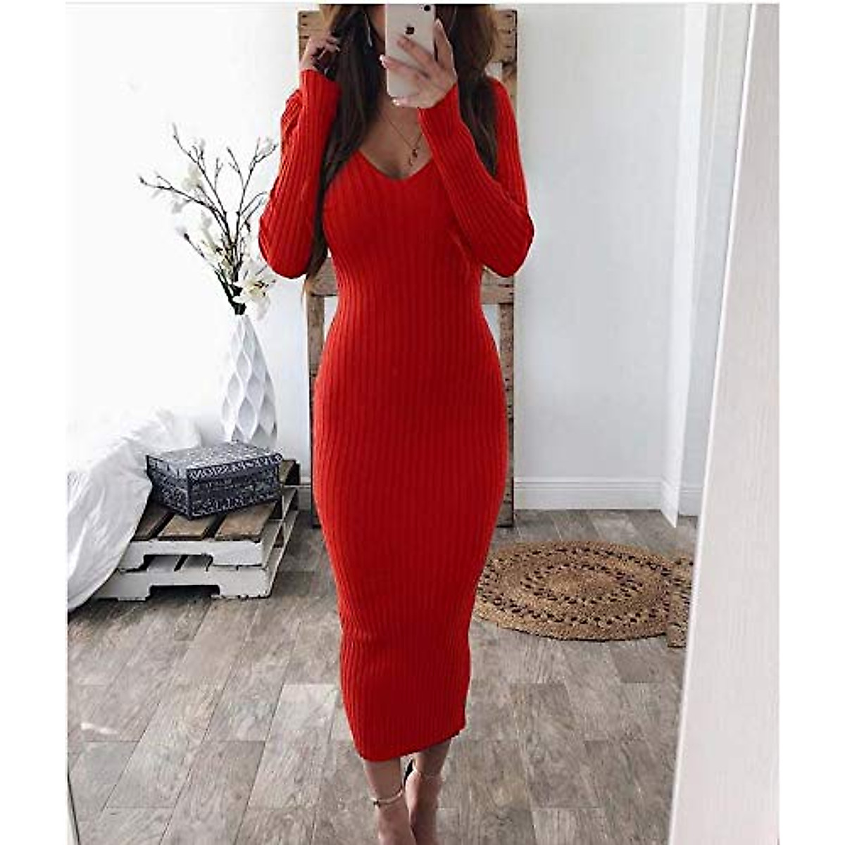Cinyifaan Womens Deep V Neck Knit Sweater Long Sleeve Bodycon Midi Pencil Dress