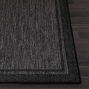 CAMILSON Indoor Outdoor Rug, 5x7 Bordered Dark Grey Black Modern Area Rugs for Indoor and Outdoor Patios, Kitchen and Hallway Mats, Washable Porch Deck Outside Carpet (Bordered Black, 5x7)