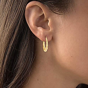 14K Yellow Gold 4.50mm Thick Fancy Bamboo Hoop Earrings with Hinged Clasp | 4.50x30mm Hoop | Round Hoop Earrings | Solid Gold Earrings For Women