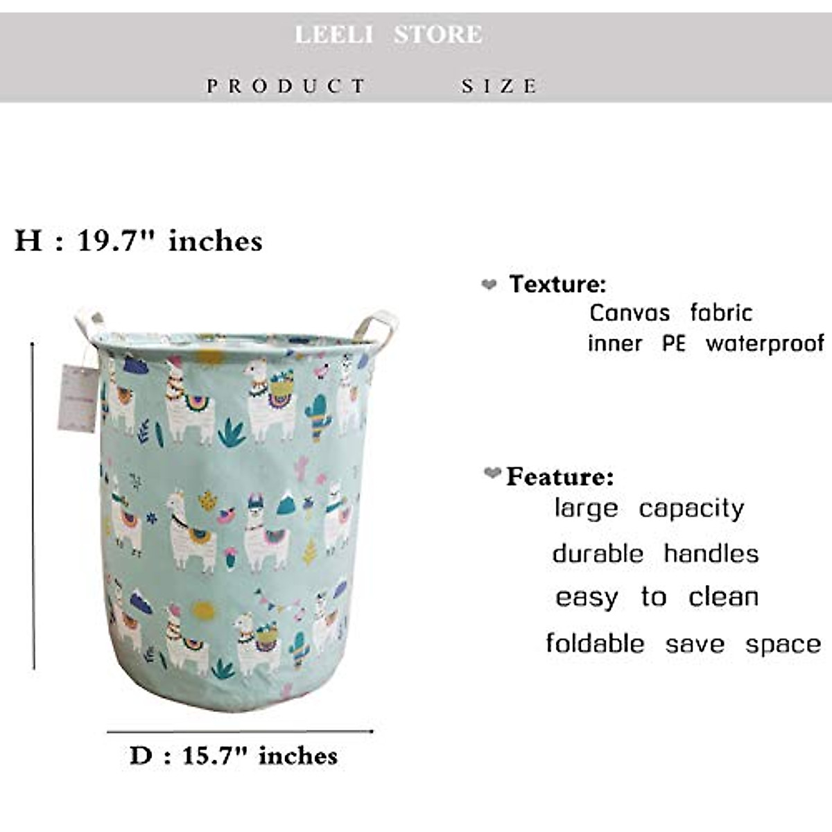 LEELI Laundry Hamper with Handles Collapsible Canvas Laundry Basket,Waterproof Storage Basket Home Organizer for Nursery,Clothes,Toys,Baby Hamper19.7×15.7(Blue Llama)