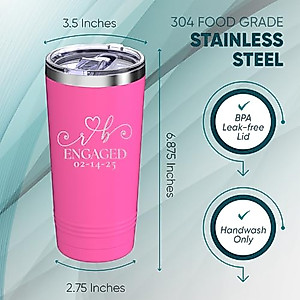Custom His and Her Initials Heart Engagement Date Keepsake Engraved Insulated Stainless Steel Tumbler with Lid 20 oz. Personalized Engaged Gift for Bride Groom (Pink)