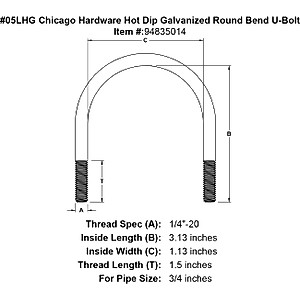 U-Bolt, Round, Low Steel, 1/4-20, PK10