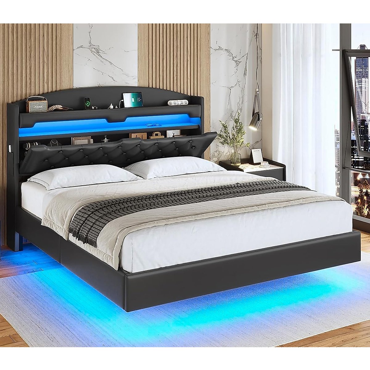 ADORNEVE Floating Bed Frame Queen with Hidden Storage Headboard, Floating LED Bed Frame with Charging Station, Upholstered Leather Platform Bed with Storage, No Box Spring Needed, Black