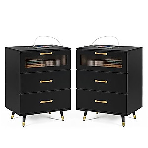 3 Drawer Nightstand Set of 2 Black Modern Nightstands with USB Charge, Glass Door, Gold Leg and Handle, Bedside Cabinet Furniture Side Table Chest for Bedroom
