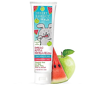 Desert Essence, Green Apple Watermelon Toothpaste Kids Gel, 4.7 oz. - Safe to Swallow, Fluoride Free, SLS Free, Gluten-Free, Vegan, Plant Powered Formula, Great Tasting, Removes Plaque and Buildup