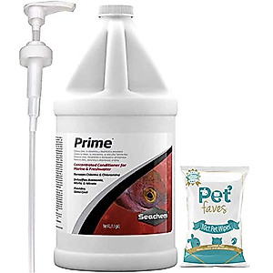 Seachem Prime Fresh and Saltwater Conditioner 4 Liters with Dispenser Pump,and 10ct Pet Wipes