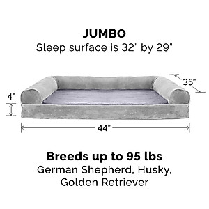 Furhaven Memory Foam Dog Bed for Large Dogs w/ Removable Bolsters & Washable Cover, For Dogs Up to 95 lbs - Faux Fur & Velvet Sofa - Smoke Gray, Jumbo/XL