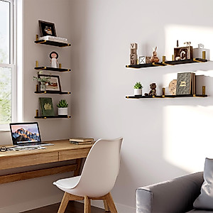 YGEOMER Floating Shelves, Set of 8, Rustic Wall Shelves, Wood Floating Shelf for Bedroom, Living Room, Book and Bathroom (Black Gold)