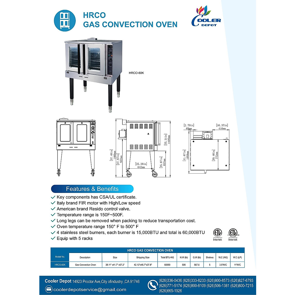 Commercial Convection Oven, Natural Gas or Propane, 60000 BTU, Single Deck, Four Legs, Restaurant Kitchen Bakery HRCO-60K