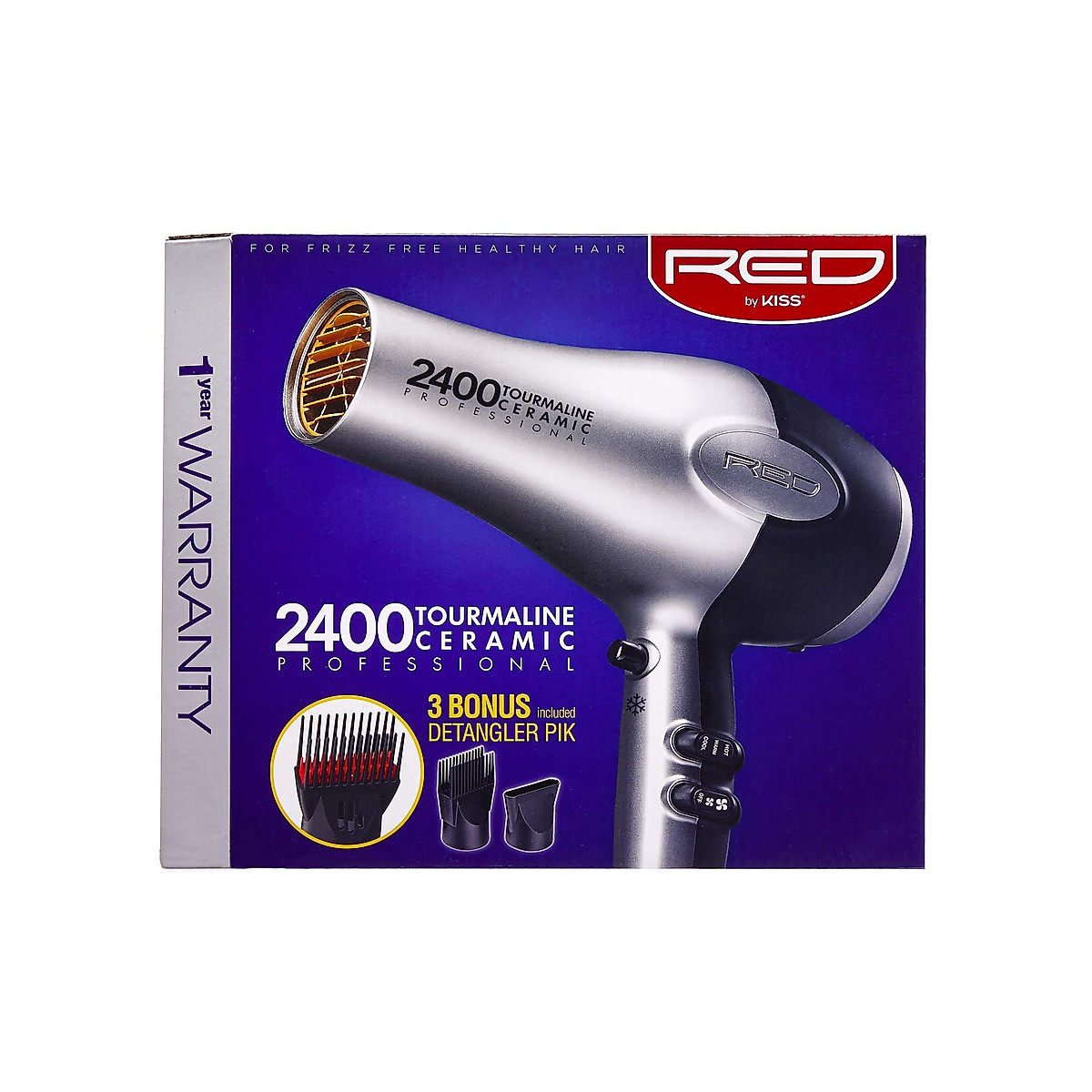 RED by Kiss Hair Dryer 2400 Tourmaline Ceramic Technology, Professional Blow Dryer, Maximum Shine, Fast Drying, Adjustable Settings, 3 Attachments, Salon Quality