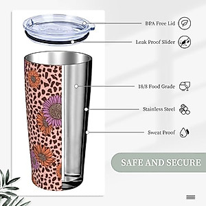 20oz Tumbler Summer Flower Leopard Print Double Wall Vacuum Insulated Coffee Mug with Lid and Metal Straw Brush Reusable Stainless Steel Water Bottle Travel Cup Gifts for Car Ice Drinks Hot Beverage
