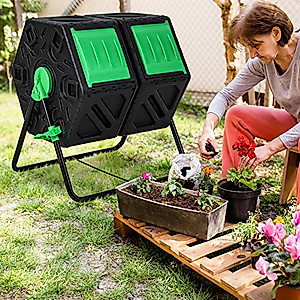 Goplus Compost Bin, Dual Chamber 34.5 Gal Compost Tumbler with 2 Rotating Chambers, Sliding Doors, High-Volume Outdoor Garden Composter, Rotating Composting Bin for Garden Yard, BPA Free