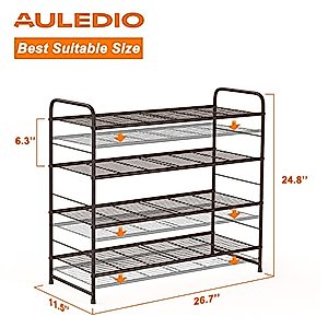 AULEDIO 4-Tier Shoe Rack,Stackable and Adjustable Multi-Function Wire Grid Shoe Organizer Storage,Extra Large Capacity, Space Saving, Fits Boots, high Heels, Slippers and More(Bronze)