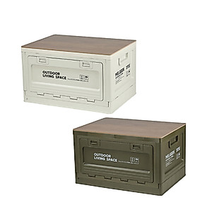 Storage Bins with Lids - 2PK , 50L Plastic Storage Containers with Wood Lid and 2 Side Doors, Collapsible Storage Bins, Stackable Storage Organizer for Camping, Car Storage, Outdoor, Indoor, Office