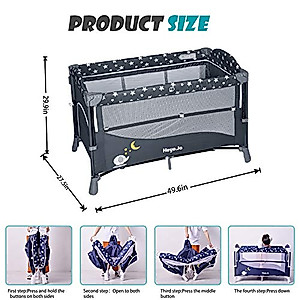 Heyo.Ja Portable Baby Playard, 4 in 1 Pack and Play, Baby Bedside Sleeper with Bassinet, Changing Table, Foldable Bassinet Bed with Luxury Mosquito Net for Boys Girls Infant(Gray)